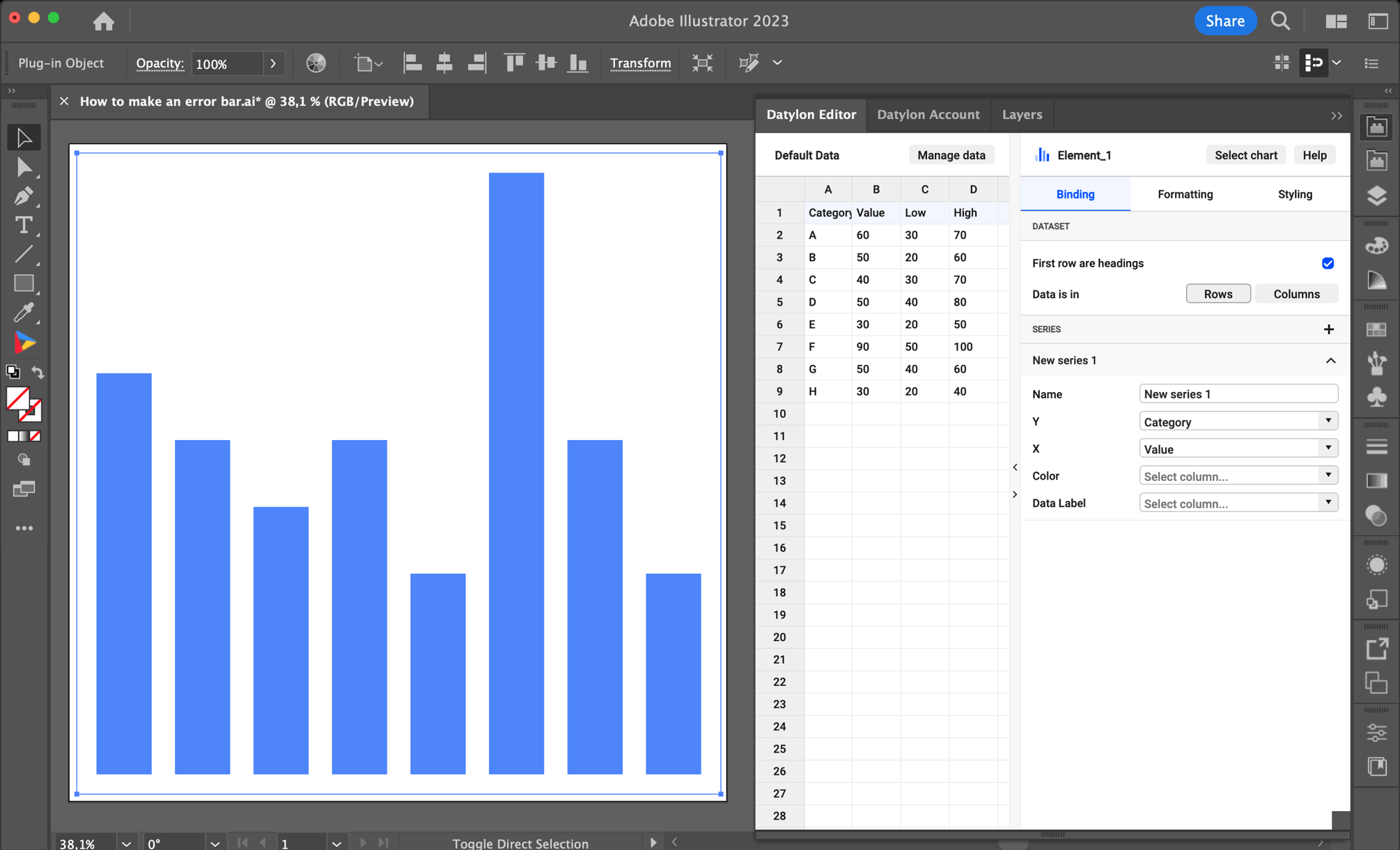How to create error bars on a bar chart with Datylon for Illustrator