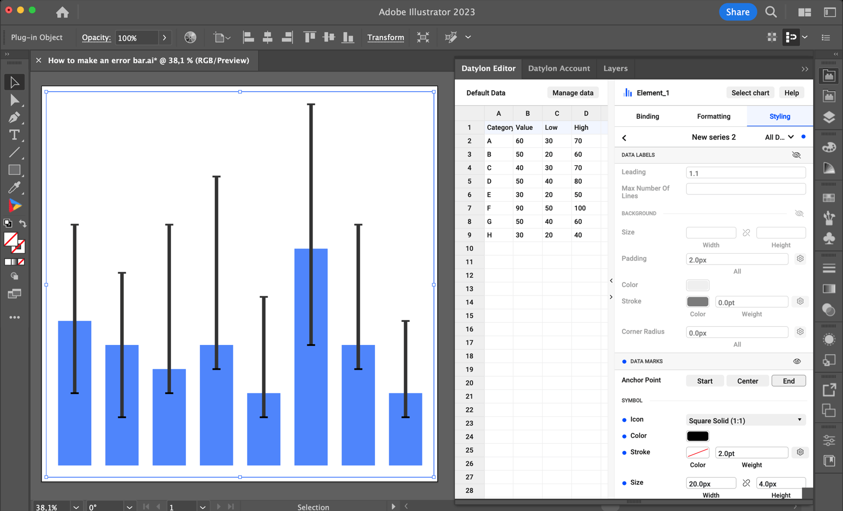 How to create error bars on a bar chart with Datylon for Illustrator